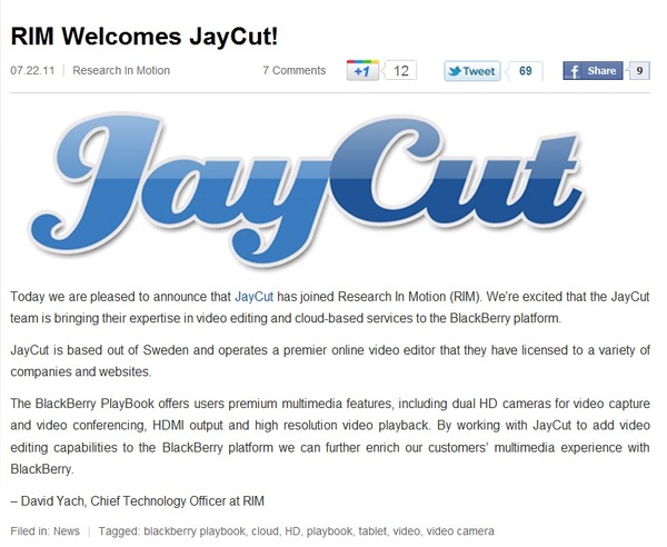 加RIM、動画編集ツールを提供するJayCutを買収 | RBB TODAY