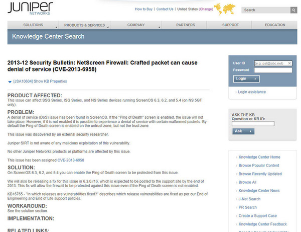 Juniper Networksの「ScreenOS」にDoSの脆弱性 | RBB TODAY