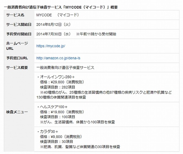 DeNAライフサイエンスの遺伝子検査「MYCODE」、Amazonで予約受付開始 2枚目の写真・画像 | RBB TODAY